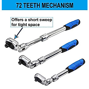 YOTOO Extendable Ratchet Set 3Pcs 1/4", 3/8" & 1/2" Drive 72 Tooth Flex-Head Quick Release Locking Ratchets