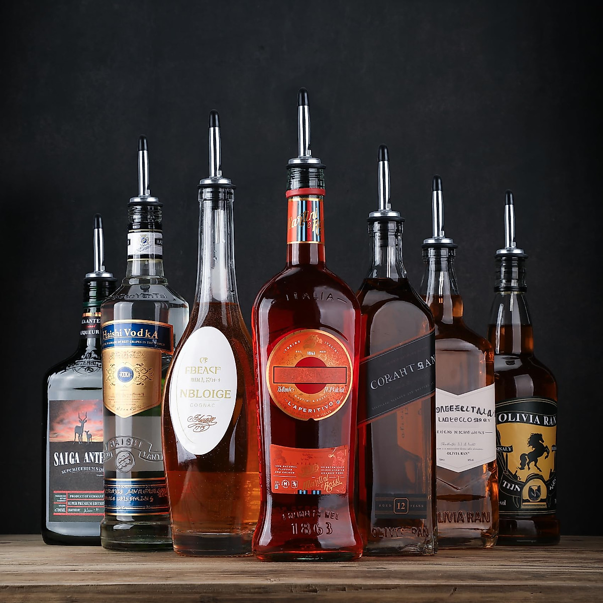 AOZITA 12 Pack Stainless Steel Classic Bottle Pourers Tapered Spout - Liquor Pourers with Rubber Dust Caps