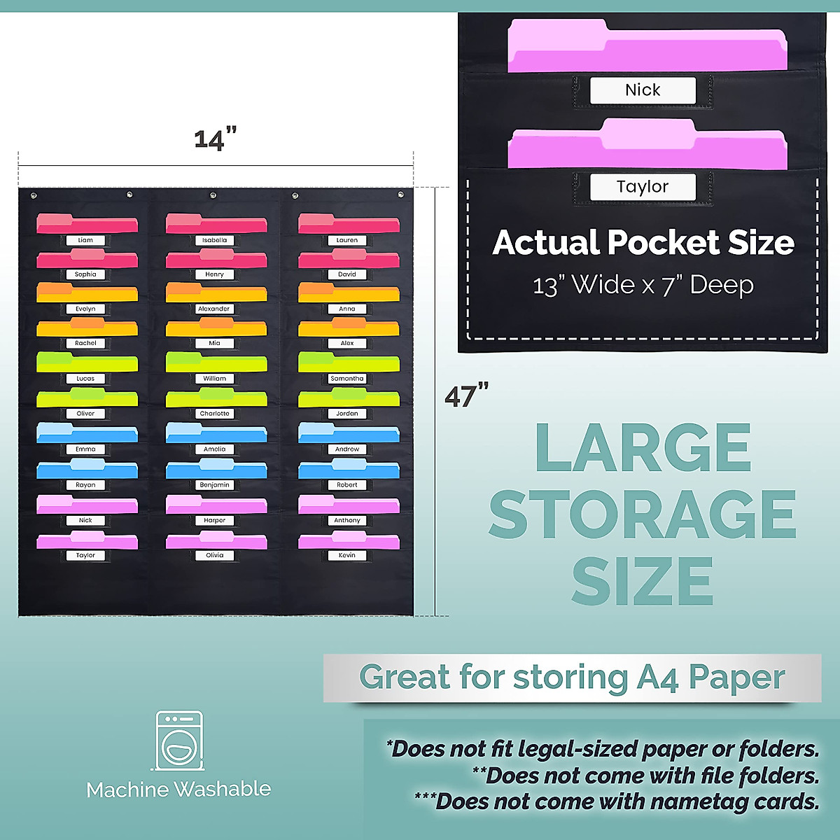 Black Pocket Chart for Classroom - 30 Pocket Storage Black Pocket Charts , 5 Over Door Hangers Included, Hanging Wall File Organizer for File Folders, School Mailbox, Home/Office Papers