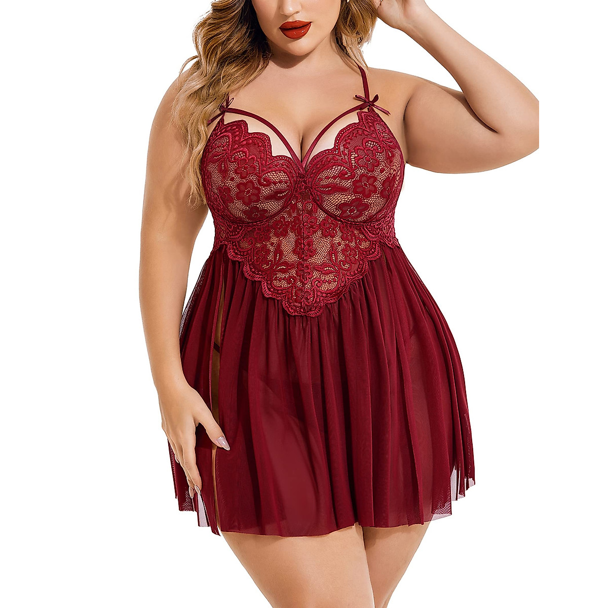 Avidlove Plus Size Lingerie for Women Valentines Day Lace Babydoll Nightgown Sexy Sleepwear Sheer Mesh Nightwear Dark Red