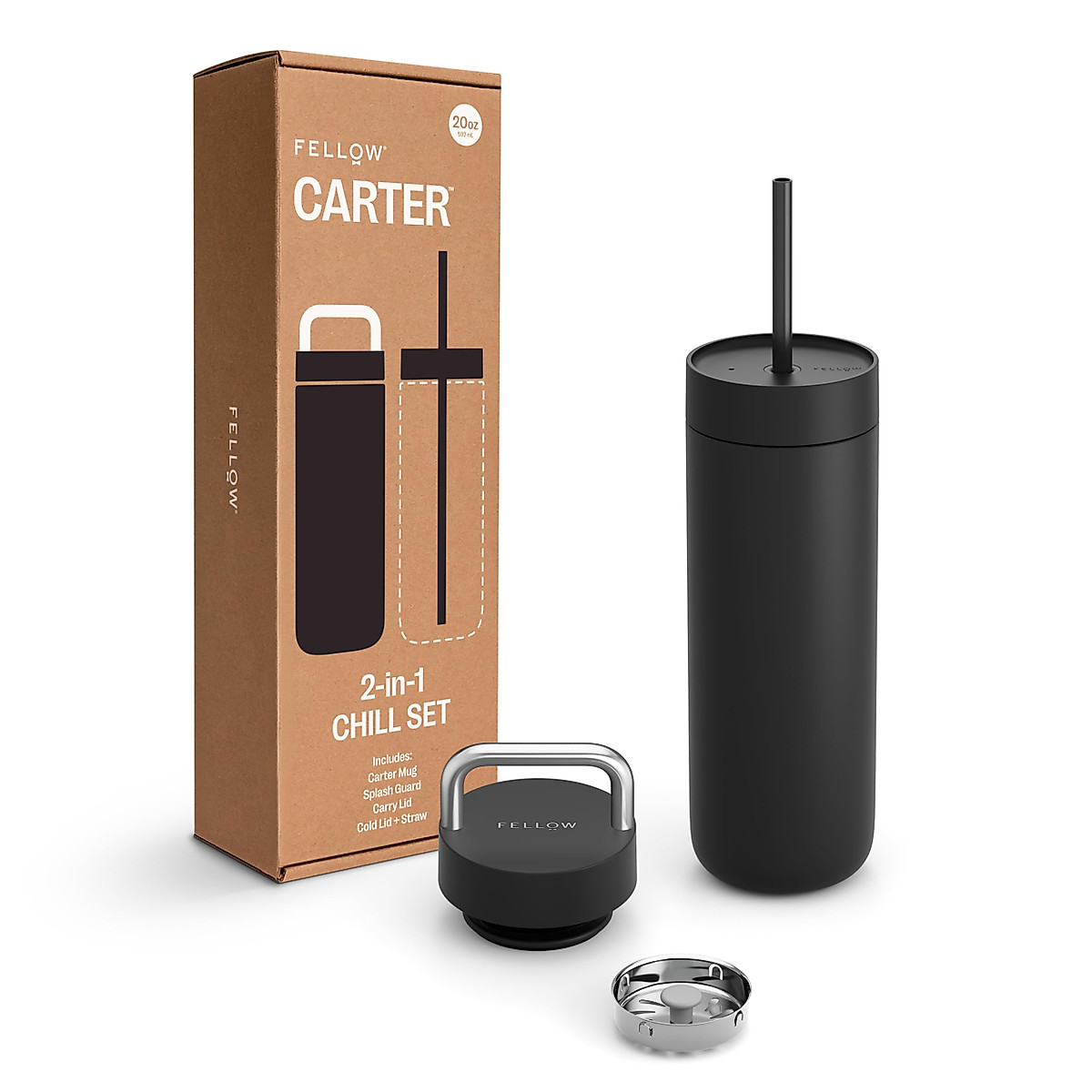 Fellow 20 oz Carter Water Bottle with 2 Lids - Leak-Proof Lid with Metal Handle - Cold Lid with Straw - Ceramic Interior & Vacuum-Insulated Stainless Steel - Matte Black