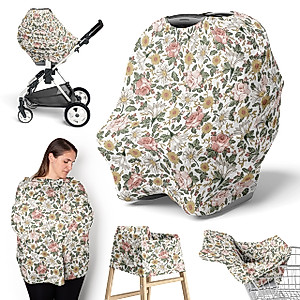 Sweet Jojo Designs Vintage Floral Boho Girl Infant Baby Car Seat Cover Nursing Breastfeeding Shopping Cart Stroller Canopy Blush Pink Yellow and Green Bohemian Shabby Chic Rose Flower Farmhouse White