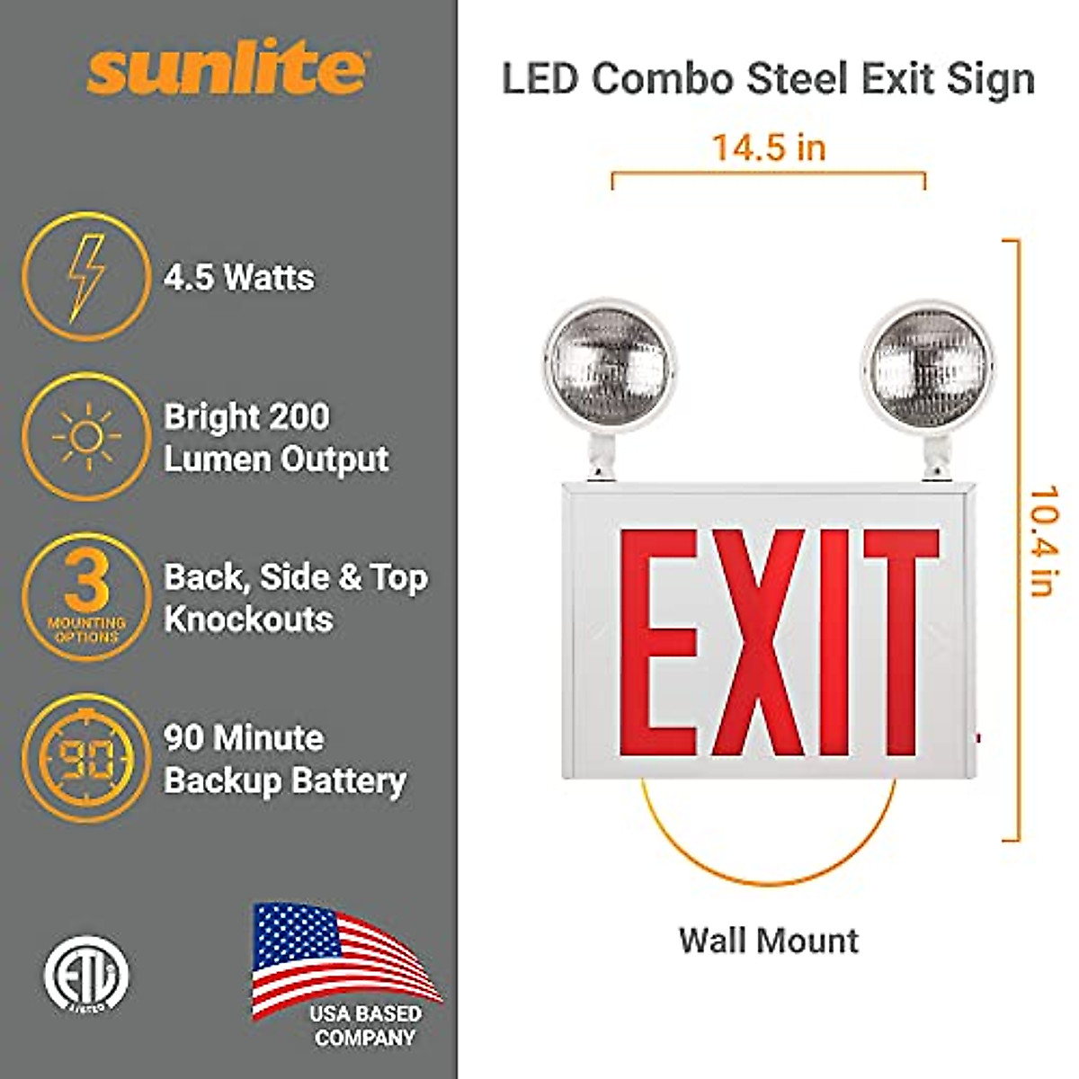 Sunlite 05275 LED Steel Exit Sign Combo, White Housing with Red Lettering, 90-Minute Battery Power Back-Up, Triple 360 Degree Adjustable Head Lamps, 200 Lumens, 120-277V, Fire Safety, NYC Compliant