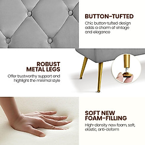 Yaheetech Modern Ottoman Bench Velvet Bench Upholstered Footrest with Gold Metal Legs and Padded Seat Gray