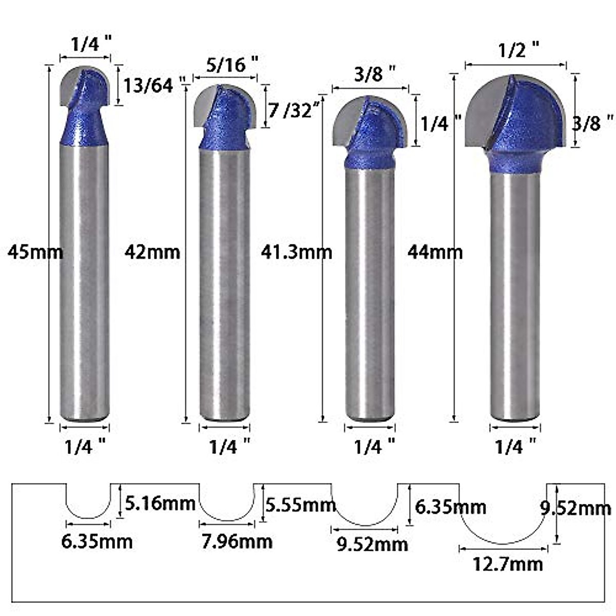 Wolfride 4pcs Core Box Router Bit 1/4 Inch Shank Round Nose Cove Box Router Bits