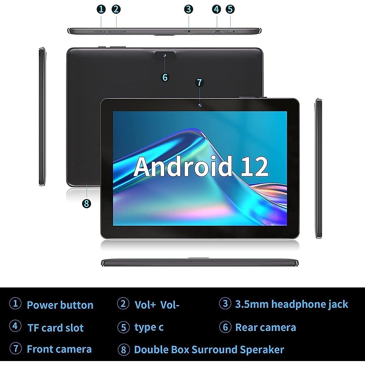 SGIN 10 Inches Tablet Computer, 2GB RAM 64GB ROM, Android 12 IPS Display, Quad-Core Processor 1.6GHz, 5000mWh Battery, TF Card 32GB Expansion, GPS, Bluetooth, Black, WiFi