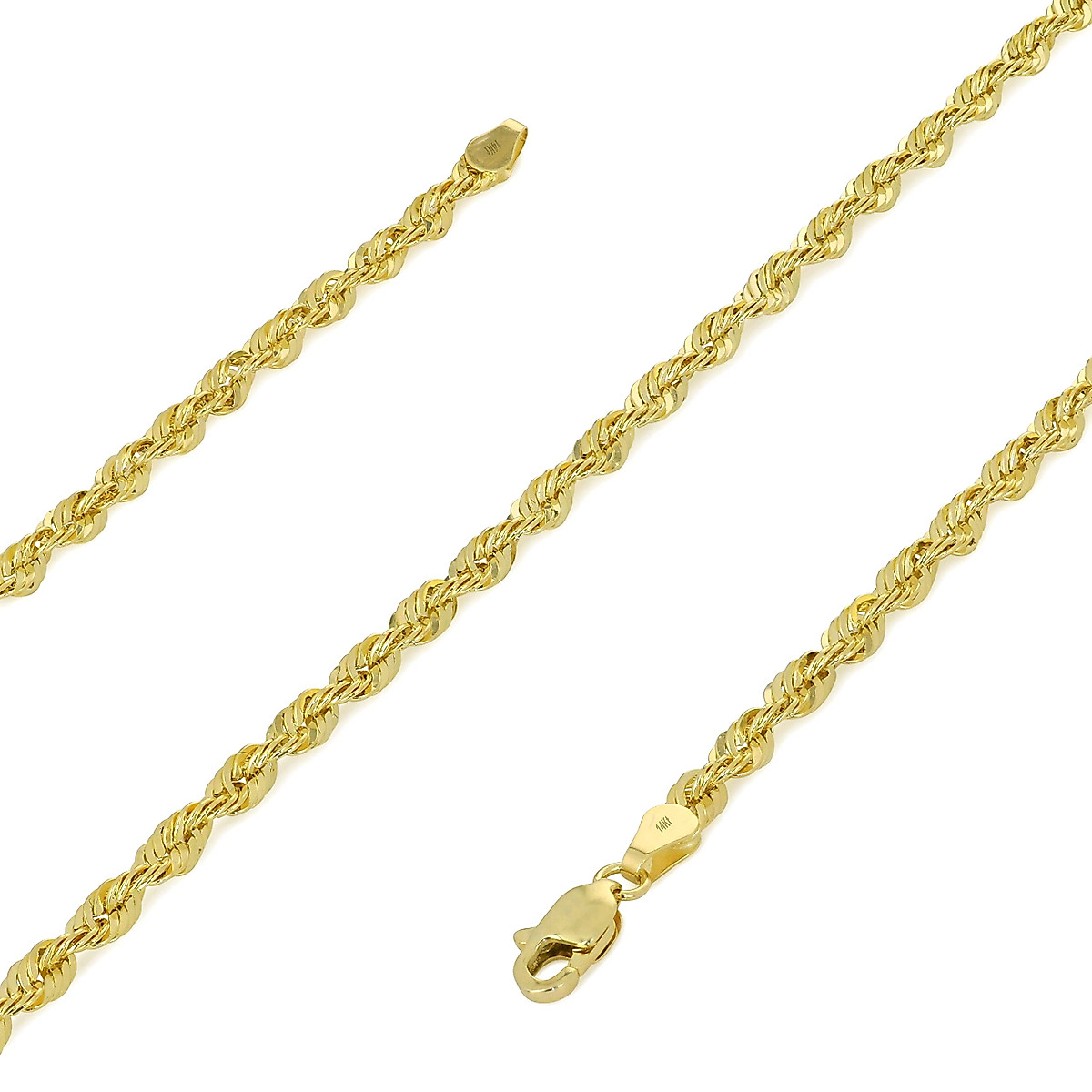 Nuragold 14k Yellow Gold 3mm Rope Chain Diamond Cut Lightweight Necklace, Mens Womens Jewelry 16" 18" 20" 22" 24" 26" 28" 30"