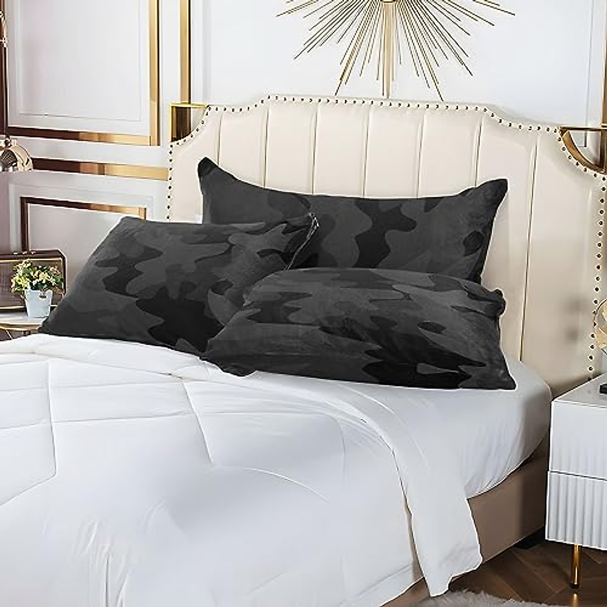 Black Grey Camouflage Pillow Cases King Size Velvet Pillow Covers Super Soft Decorative Pillowcase with Zipper for Women Men Bedroom Sofa Couch