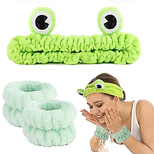 AHONEY Frog Headband Skin care Headbands and Wristbands Cute Spa Wrist Band Fluffy Hand Cuffs Women Girls Kids Facial Makeup Accessories Costume Party Supply Birthday Gift (Frog)