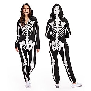 Tipsy Elves Halloween Skeleton Costume for Women - Comfy Easy Adult Onesie Jumpsuit - Front and Back Print with Zip Up Mask - Women's White Skeleton Jumpsuit Halloween Costume Size Medium