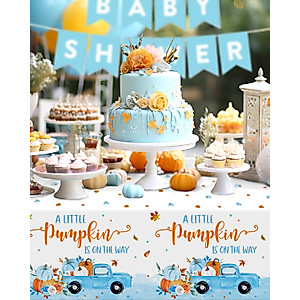 Nefelibata 3Pcs Blue Pumpkin Baby Shower Tablecloths A Little Pumpkin is On The Way Plastic Table Cover Party Supplies for Fall Halloween Thanksgiving Boy Baby Shower Party Decor