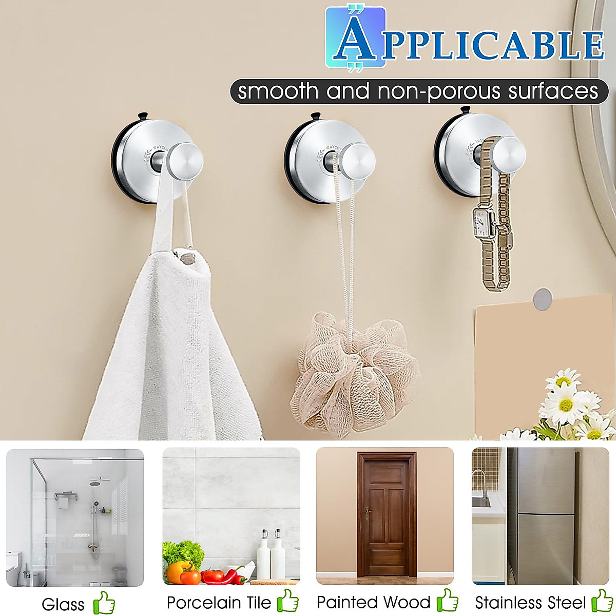 WAYCOM Suction Cup Hooks for Shower, 2Pcs Towel Hooks for Bathroom Wall SUS304 Vacuum Stainless Steel Shower Hooks Bathroom, Kitchen, Glass Door, Tile – Loofah, Towel, Coat, Bath Robe Hook Holder