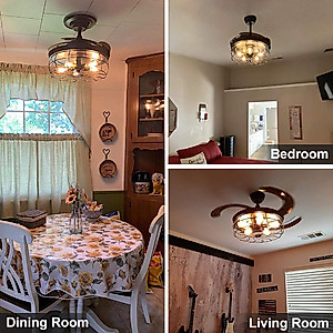 DLLT Ceiling Fan with Lights-42 Industrial Ceiling Fan with Retractable Blades, Vintage Cage Ceiling Light Fixture with Remote for Dining Room, Living Room, 5 E26 Bulbs Not Included, Black