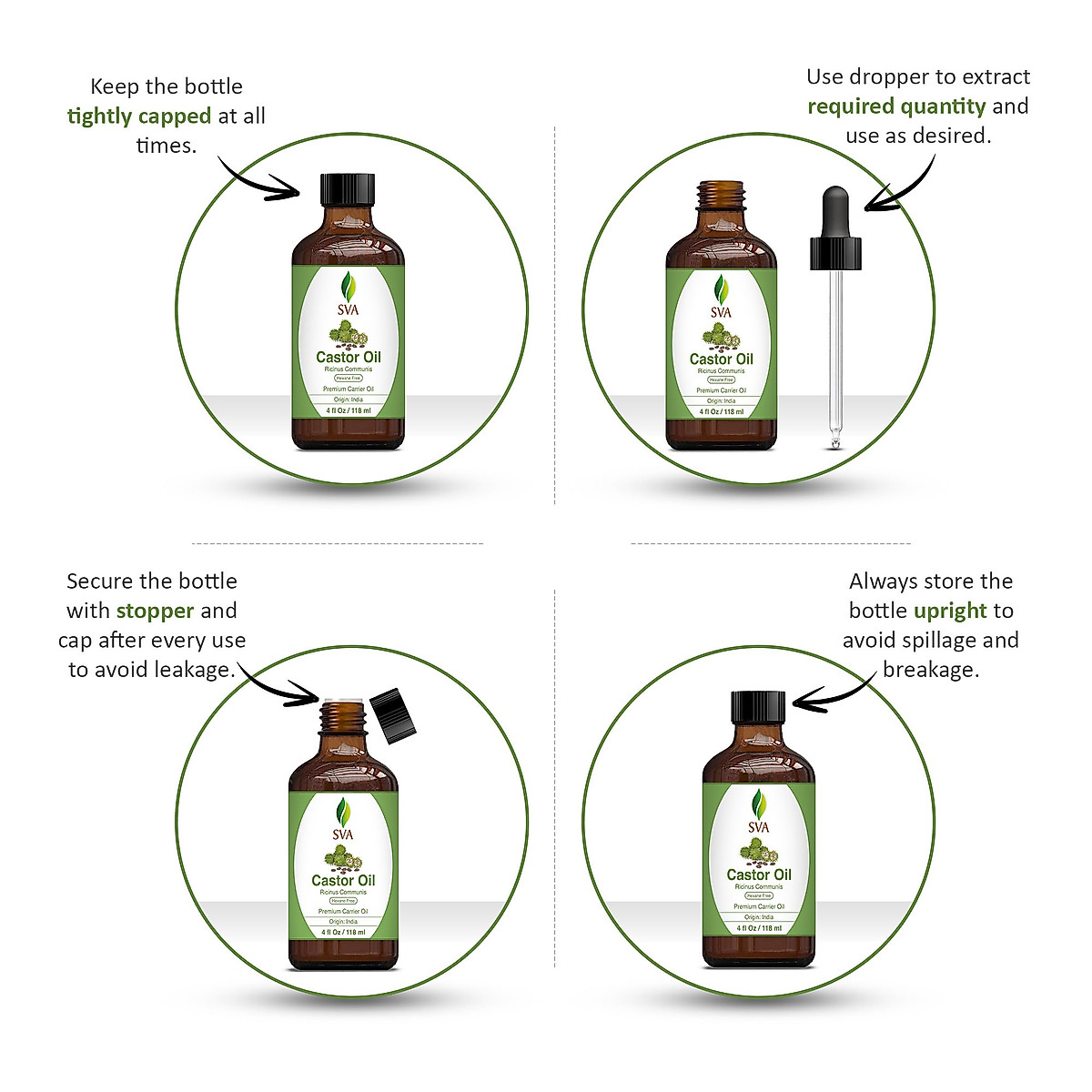 SVA Castor Oil 4 oz (118 ml) Premium Carrier Oil, Cold–Pressed, Hexane Free, with Dropper for Hair Care, Hair Oiling, Scalp Massage, Skin Care & Massage