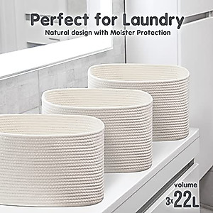 Cotton Rope Basket for Blanket Basket | Nursery Storage | 15"x10"x9" Set of 3 White Medium Storage Baskets for Organizing with Handles works as Wicker Basket, Woven Baskets for Storage Blanket