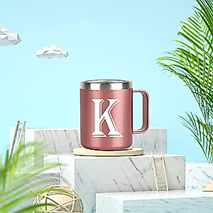 Aletege Letter K Stainless Steel Insulated Mug with Handle, Personalized Initial Mug, Gifts for Women Men Wedding Birthday Graduation Party Letter K 12OZ Rose Gold