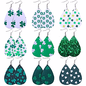 URATOT 9 Pairs Leather Earrings Faux Leather Earrings Clover Teardrop Dangle Earrings