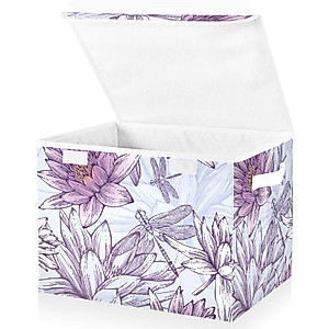 Joisal Purple Lilies And Dragonflies Baskets with Lids for Organizing Fabric Storage Bins for Shelves for Home Bedroom Office