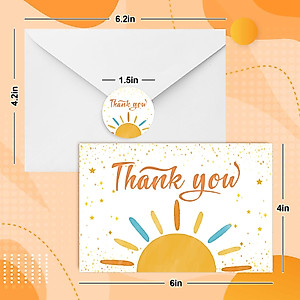 Whaline 30 Packs Boho Sun Thank You Cards Retro Sunshine Greeting Cards with Envelopes and Stickers Here Comes the Son Blank Note Cards for Baby Shower Birthday Party Supplies