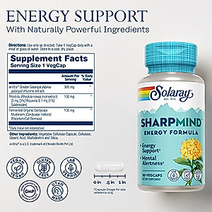 SOLARAY SharpMind Energy, Energy Booster for Women and Men, Nootropic Focus Supplement, Caffeine Free Energy Pills with Rhodiola Rosea and Cordyceps, 60 Day Guarantee, 30 Servings, 30 VegCap Pills