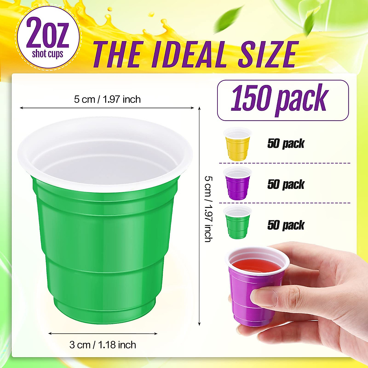 Meanplan 150 Pcs Mardi Gras 2 oz Plastic Shot Glasses Disposable Shot Cups Mini Colorful Small Party Cups for Mardi Gras Party Drinking Tasting Serving Snacks Samples, Purple Yellow Green