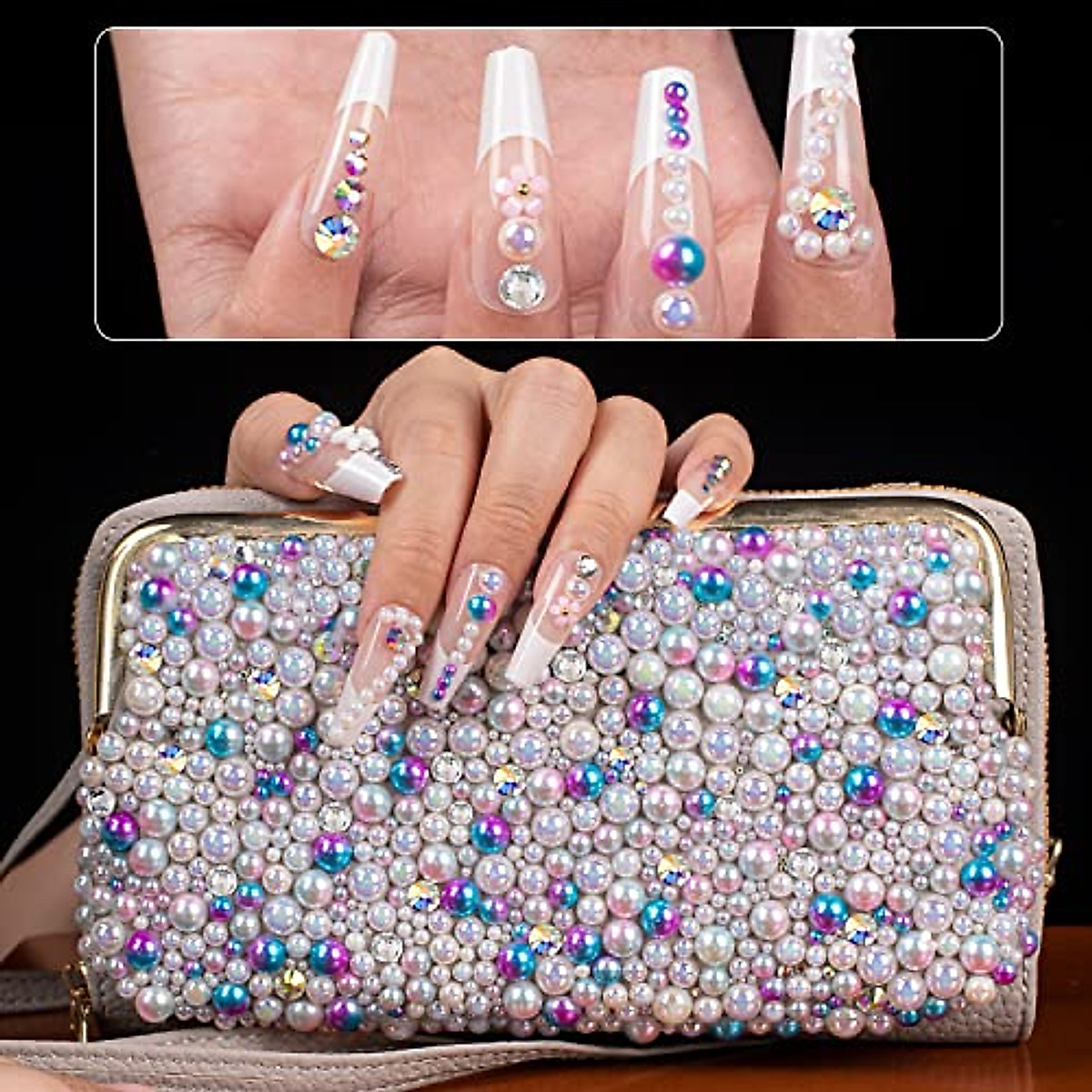 4000PCS Flatback Rhinestones and Half Round Pearls Kit #1, Multi Size Glass Clear & AB Crystals, Plastic Flat Back White AB & Beige AB Dome Bead with Pickup Pencil and Tweezer for Nail Art