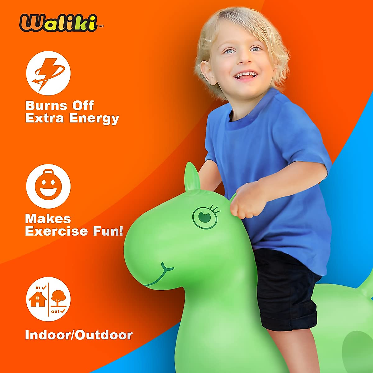 WALIKI Green Bouncy Horse for Kids | Inflatable Hopping Horse Ride-On Toy with Pump for Active Boys Ages 1, 2, and 3 | Balance & Sensory Ride-On Toy