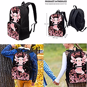 Yuuxorilu Kids School Bag Cherry Blossom Axolotl Backpack With Lunch Box for Girls School Backpack with Pencil Case Travel Rucksack Book Bag for Primary Preschool Children Teens School Bookbag