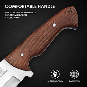 Nescole Handmade D2 Steel Hunting Bowie Knife With Rose Wood Handle & Leather Sheath - 13.5" Tactical Bowie Survival Hunting Knife For Camping, Hiking, Skinning, Fishing