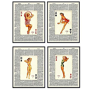 Dictionary Wall Art Prints - 1950s Vintage Pinup Girls Playing Cards Photo Set - Chic Home Decor for Bar, Man Cave, Poker or Game Room Decoration – Cool Unique Gift for Men, Man, Husband Him