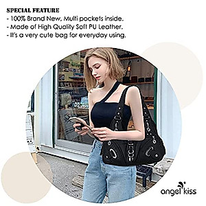 Angelkiss Women Multiple Pockets Purses and Handbags Washed Leather, Two Top Zippers Closure, Black