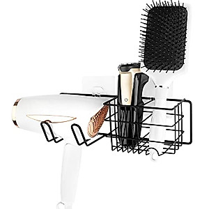 DODAMOUR Household Punch-Free Hair Dryer Holder, Stainless Steel Wall Mount Hair Blow Dryer Stand, Multifunction Bathroom Storage Rack for Hair Dryer, Curling Iron, Hair Straightener (Black)