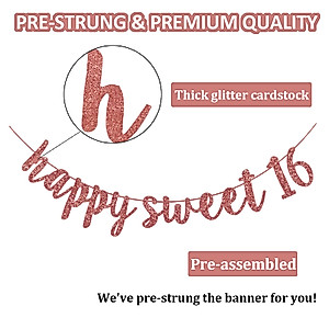 Sweet 16 Decorations Rose Gold - Happy Sweet 16 Birthday Banner Pre-Strung & Sweet 16 Cake Topper & Circle Dots Garland & White Rose Gold Confetti Balloons for 16th Birthday Decorations