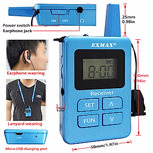 EXMAX ELGT-470 Wireless Tour Guide/Monitoring Audio System 100 Channels Groups for Tourism,Conference,Training,Church,Outdoor Scenic Spots(2 Transmitters & 30 Receivers with 32-slot Charging Case)
