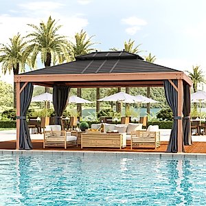 YOLENY 12' x 16' Hardtop Gazebo Faux Wood Grain with Aluminum Frame, Galvanized Steel Double Roof, Outdoor Patio Gazebo with Netting and Curtains for Backyard, Patio and Lawns