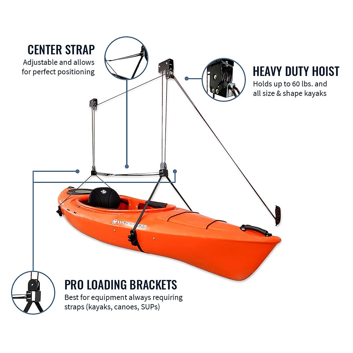 StoreYourBoard Kayak Ceiling Storage Hoist, Garage Pulley Hi-Lift System (2 Kayaks)