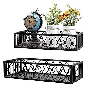 MyGift Black Metal Wall Hanging Plant Shelf with Moroccan Style Design, Decorative Window Box Plant Basket, Display Shelves, Set of 2