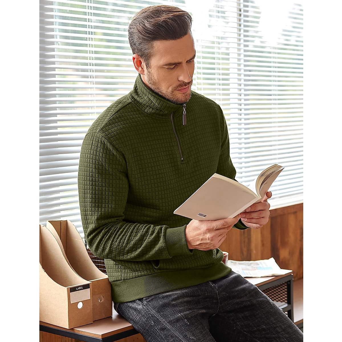 COOFANDY Mens Quarter Zip Sweatshirt Long Sleeve Casual Waffle Pullover Sweatshirt with Pocket Army Green