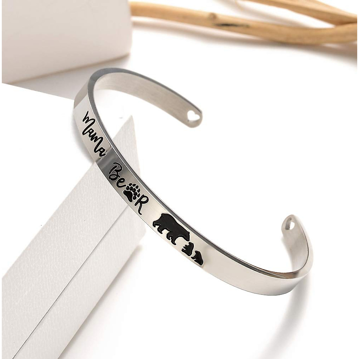 Veeshy Mama Bear One Mother with Two 2 Cubs Cuff Bracelets with Box, Womens Stainless Steel Bangles Jewelry, Christmas Birthday Thanksgiving Gift for Mummy Mom from Daughter Son