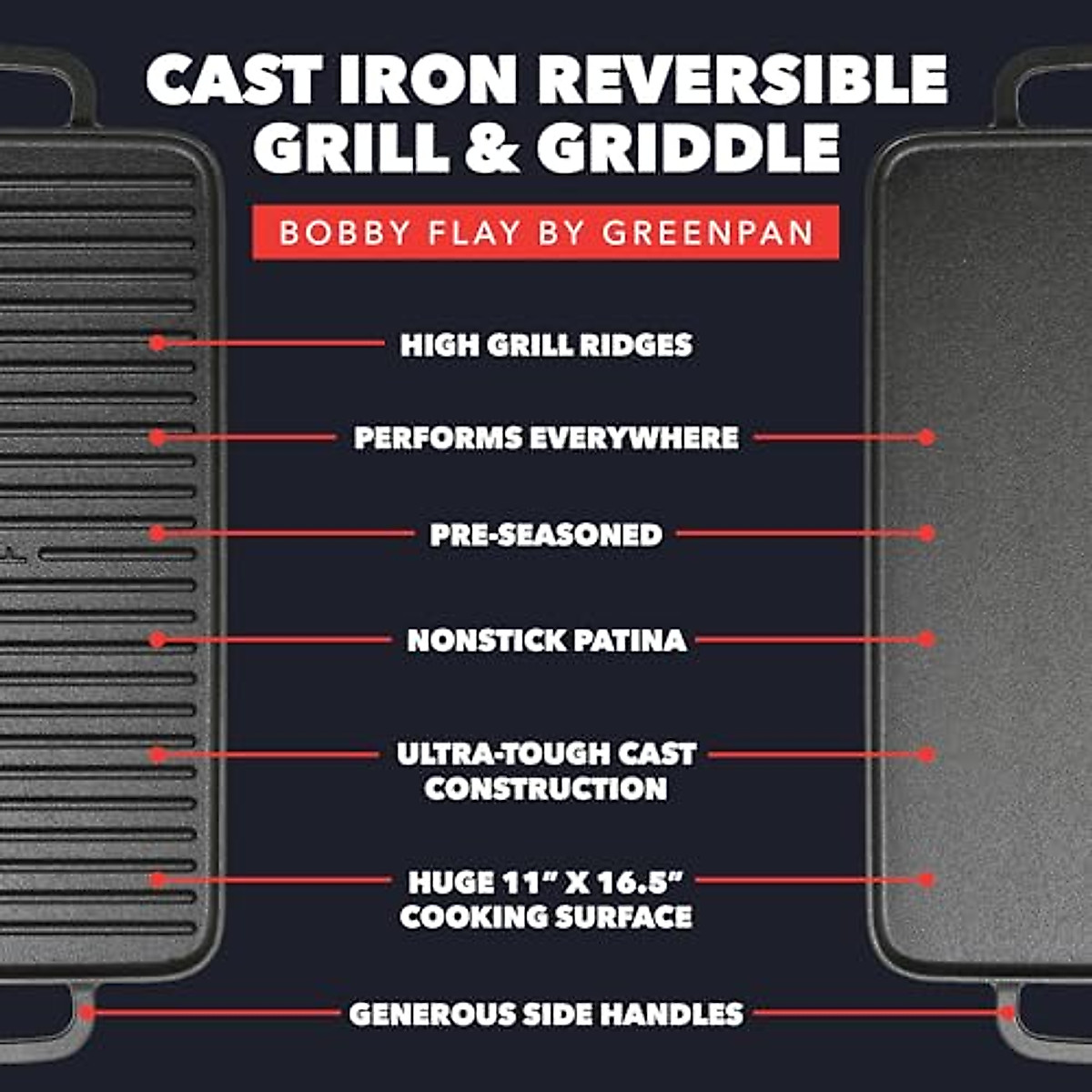 GreenPan x Bobby Flay Cast Iron Pre-Seasoned 11” Reversible Double Burner Rectangle Grill/Griddle, Helper Handles, Induction Suitable, Versatile Stovetop, Oven, BBQ & Fire, Indoor/Outdoor Use, Black