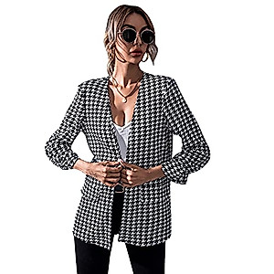Milumia Women's Elegant Open Front Houndstooth Ruched Sleeve Work Blazer Suit Outerwear Black and White X-Small