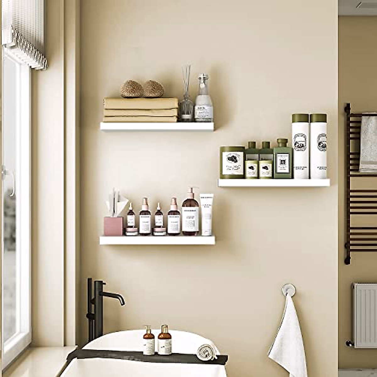 YARUKIMA White Floating Shelves Wall Mounted,Wood Wall Hanging Shelves,Wall Ledge Storage Shelf,Home Display Shelves with Invisible Brackets for Bedroom, Bathroom, Living Room,Kitchen,3 Pack.