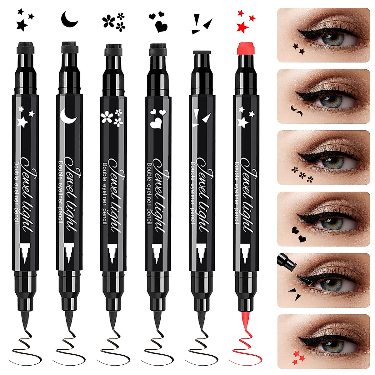 Pinkiou Eyeliner Pen with Eye Makeup Stamp Waterproof Double Sided Long Lasting Seal Eyeliner (6 in 1)