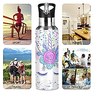 Star Flowers Unicorn Water Bottle with Straw Lid Double Wall Thermos Bottle Vacuum Insulated Flask Stainless Steel Water Bottle for Gym Outdoor 20 OZ