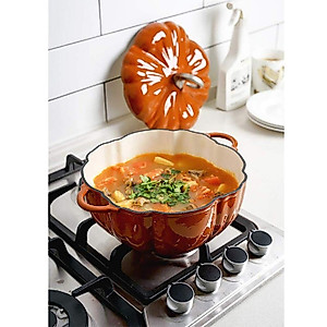 3.7L Pumpkin Shape Cooking Pot Enamel Pot, Ceramic Coated Cast Iron Cookware, Ceramic Pots for Cooking with Lid, Stew Pot Soup Pot, Serves 3-5, Halloween Thanksgiving Decor Pot Gift (Orange)