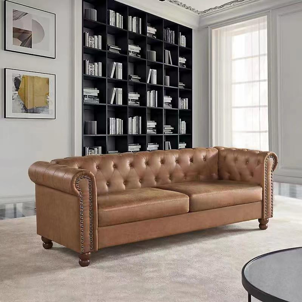 Lunanniu 80.31" Chesterfield Tufted Fabric Sofa 3 Seat Capacity High Tech Fabric Rolled Arm Nailhead Trim Thick Cushion Deep Seat Button Tufted Back Classic for Living Room Apartment Brown