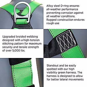 AFP Universal Full-Body Fall Protection Safety Harness w/Dorsal D-Ring Tongue Buckle Legs Hi-Viz Green, Shock Absorbing Lanyard (OSHA/ANSI Rated) (1 Pack, Harness + Single Leg Lanyard w/Snap Hooks)