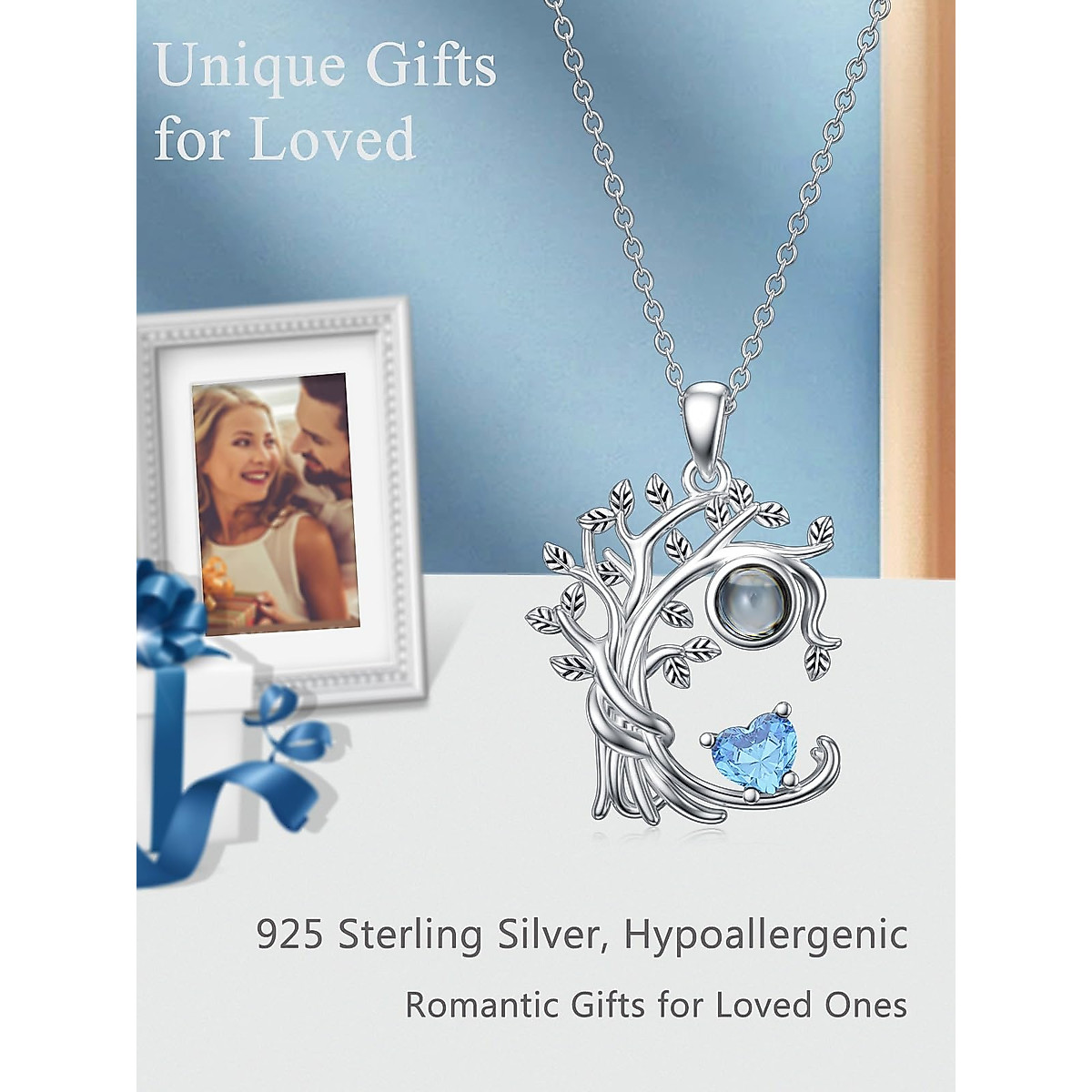 Dorunmo Personalized Photo Picture Projection Necklace Tree of Life Necklace Aquamarine March Birthstone Necklace for Women 925 Sterling Silver Mothers Day Birthday Romantic Jewelry Gifts Women Wife Mom Girlfriend Anniversary