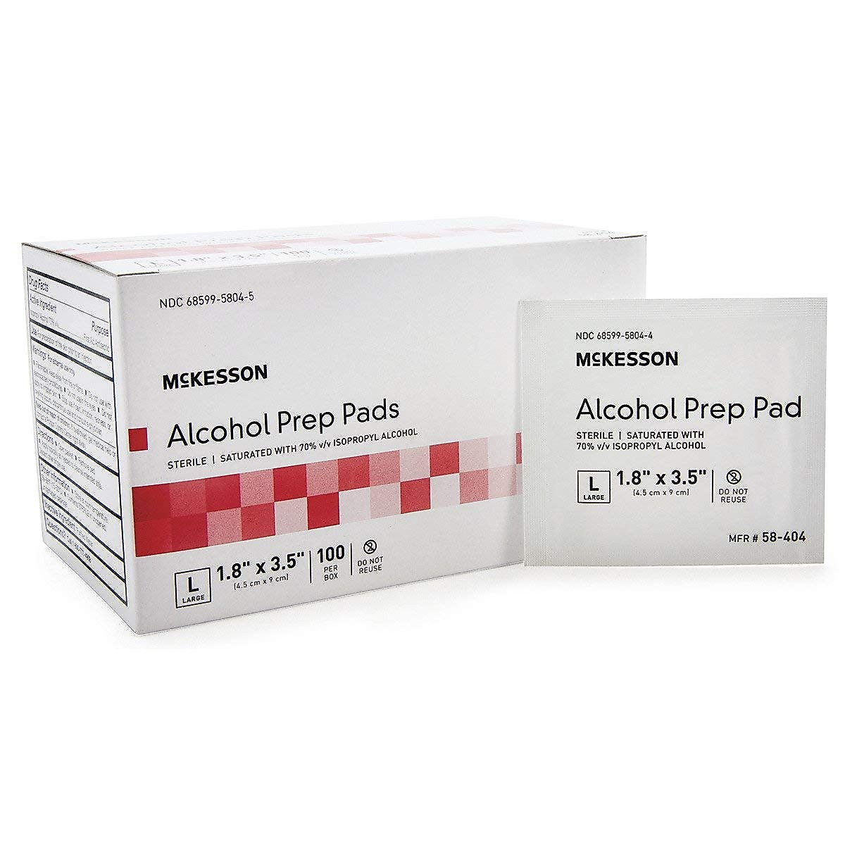 Alcohol Prep Pad, McKesson, Isopropyl Alcohol, 70% Isopropyl Alcohol, 70% Individual Packet Large, 1.8 X 3.5 Inch Sterile, 58-404 - Pack of 100