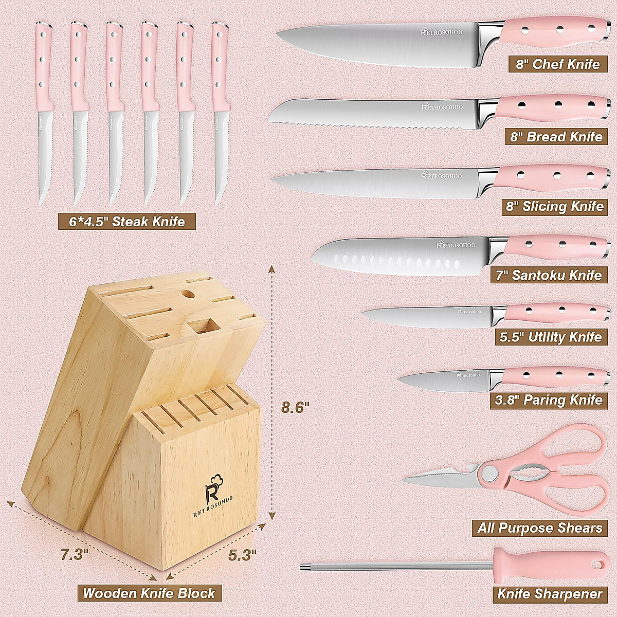 Pink Knife Set,15 Pieces Professional Kitchen Knife Set with Universal Knife Block, Super Sharp Knife Set with Ergonomic Handle Non-stick Stainless Steel Knife Block Set (Pink-15 Pieces)